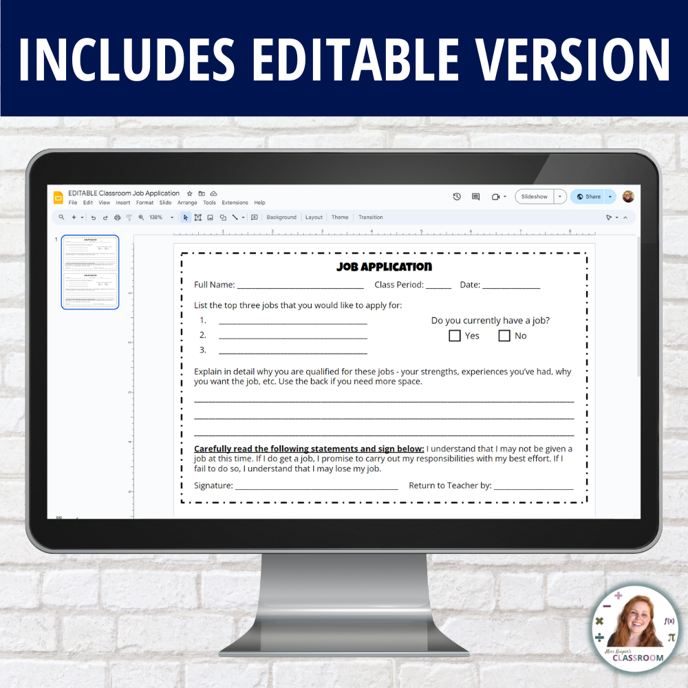 Classroom Job Application